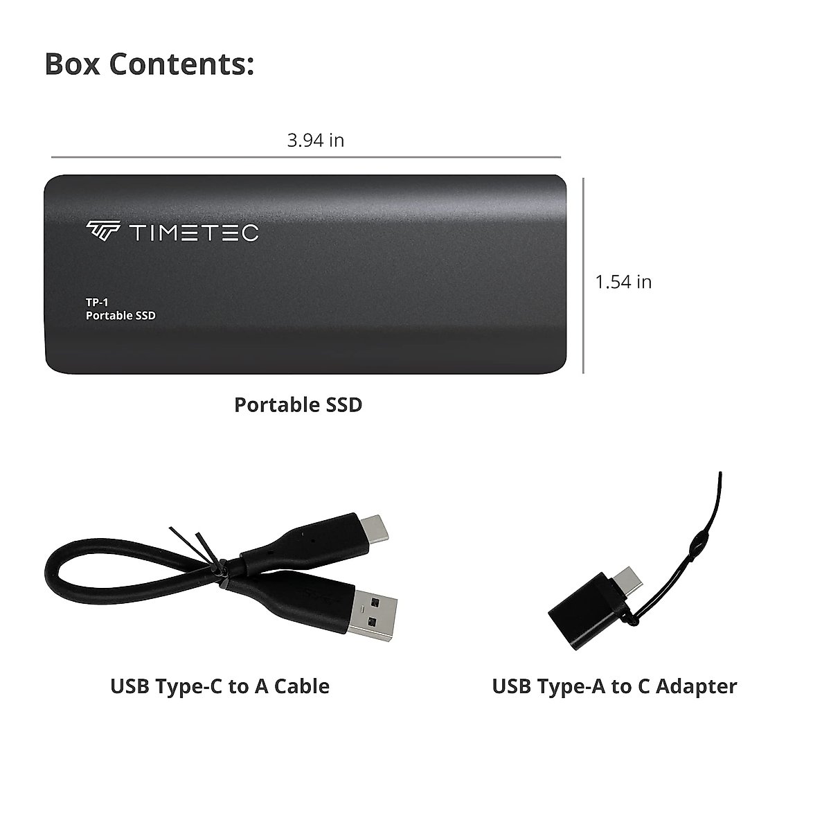 Timetec 2TB Portable External SSD USB3.2 Gen2 Type C Up to 550MB/s Ultra-Light Aluminum Mini External Solid State Drive with USB C to A Cable/USB A to C Adapter for Desktops/Laptop/Mac/Mobile - Black