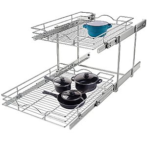 OCG 2 Tier Pull Out Cabinet Organizer (14" W x 18" D), Pull Out Shelves for Kitchen Cabinets, Pull Out Drawers for Base Cabinet Organization in Kitchen Bathroom Pantry, Chrome Finish