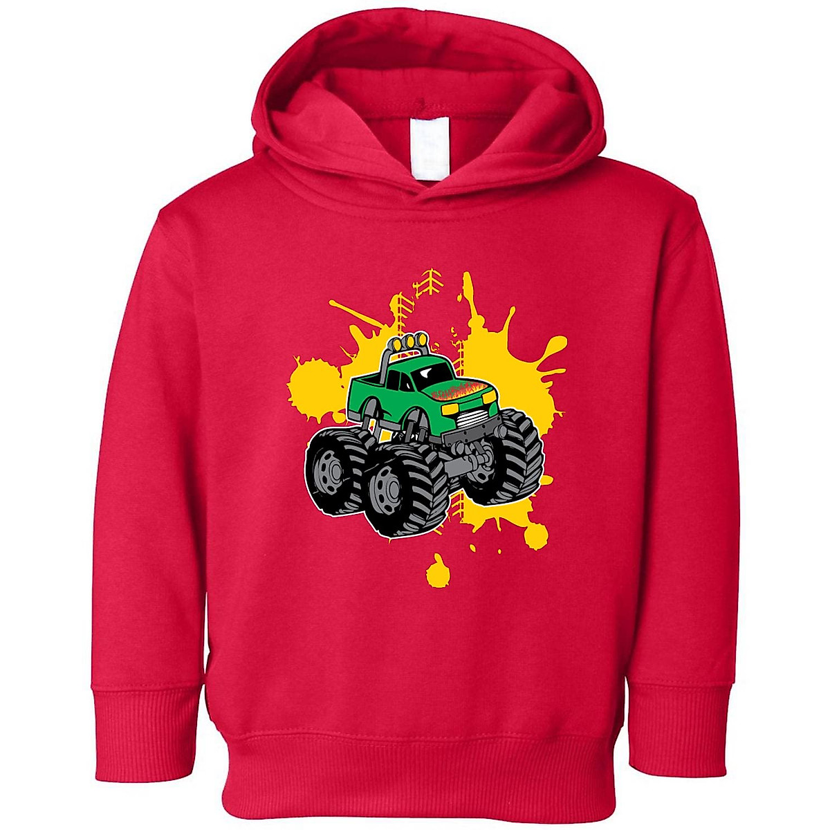 Wild Bobby Green Monster Truck with Firey Flames Cars and Trucks Toddler Pullover Fleece Hoodie, Red, 5T/6T