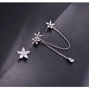 SLUYNZ 925 Sterling Silver Daisy Flowers Cuff Earrings Chain for Women Asymmetric CZ Daisy Earrings Crawler Earrings Dangling Chain (Asymmetric)