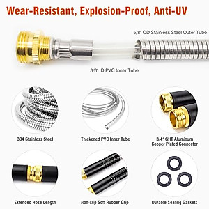 GAINSEN Flexible Metal Garden Hose 50ft x 5/8", Stainless Steel Heavy Duty Water Hose with Thumb Spray Nozzle, Kink & Tangle Free, Puncture & Leak Proof, Durable Lightweight Hose for Yard, Outdoor