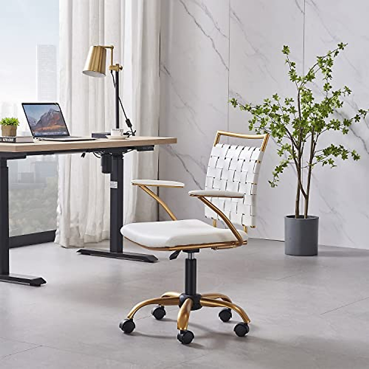 CAROCC Cute White and Gold Desk Chair Gold Office Chair Golden Comfort for Women Office Products Home Office Desk Chair Computer Chair Task Chair Small Vanity Cute Desk Chair (GD-White)