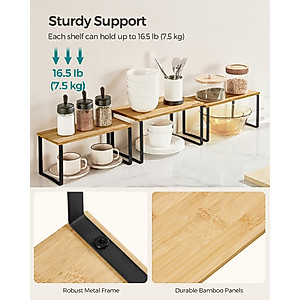 SONGMICS Cabinet Organizer Shelf, Set of 3 Kitchen Counter Shelves, Kitchen Storage, Spice Rack, Stackable, Expandable, Metal and Bamboo, Ink Black and Natural Beige UKCS014B01
