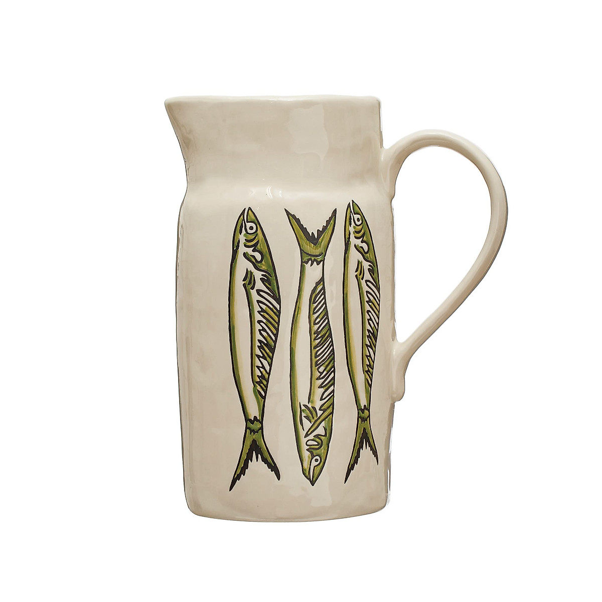 Creative Co-Op Coastal Stoneware Pitcher with Painted Fish, Multicolor