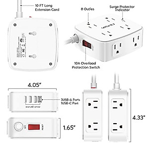 10 Ft Surge Protector Power Strip - YISHU 3 Side Outlet Extender with 8 Widely AC Outlets and 4 USB Ports, 10 Feet Extension Cord with Flat Plug, Wall Mount Desk USB Charging Station, ETL ,White