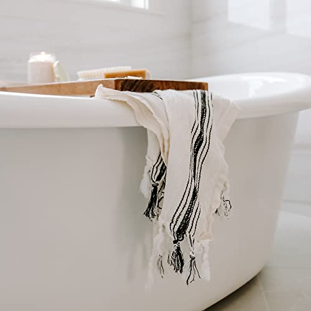 Sweet Water Decor Turkish Cotton and Bamboo Hand Towel | Large Size 19 x 35 inches | Cream with Decorative Stripes | Bathroom, Kitchen, Dish, or Baby Towel (Savannah - 5 Black Stripes)