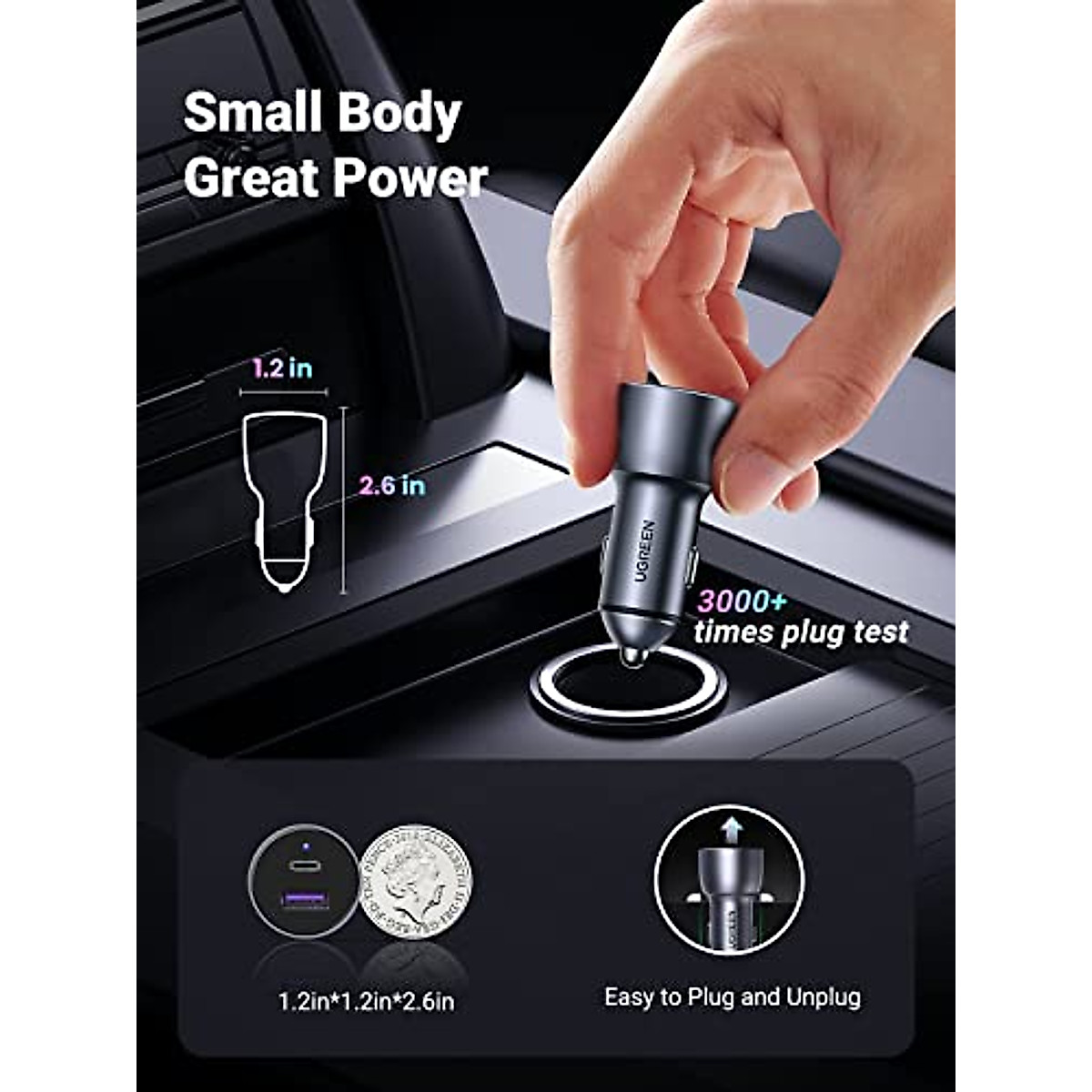 UGREEN USB C Car Charger, 52.5W Type C Car Charger PD 30W&QC 18W, Fast Car Charger Adapter Compatible with iPhone 14/13/12/11, iPad Pro/Mini/Air, Galaxy S23/S22/S21/S20/S10/Note 20, Pixel 7/6/5