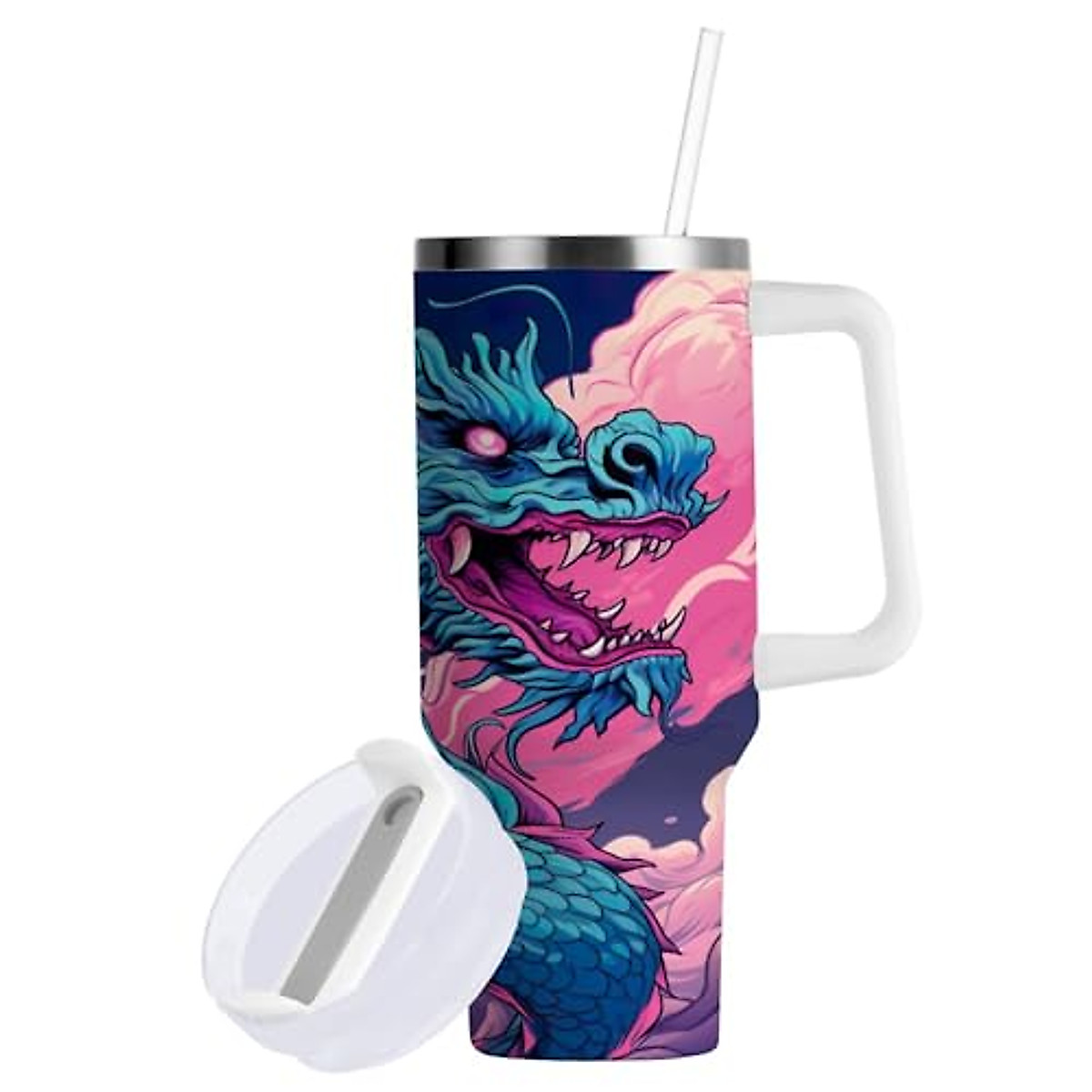 Jihqo Cloud Dragon 40 oz Stainless Steel Vacuum Insulated Tumbler with Handle and Straw Lid, Leakproof Water Bottle Double Wall Travel Mug Coffee Cup, Cupholder Friendly
