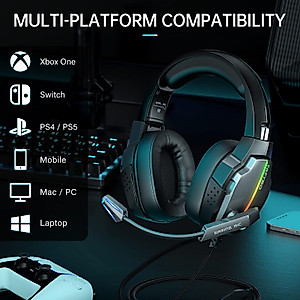 Tatybo New Gaming Headset for PC PS4 PS5 Xbox One Switch, Stereo PS4 Headset with 90° Rotatable Earpads, Noise-Cancelling Mic