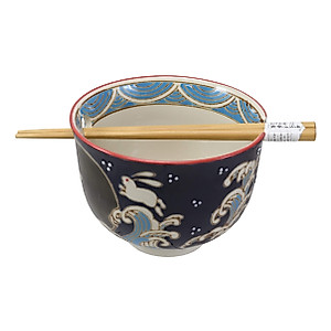 Ebros Gift Rabbits Jumping Over The Full Moon Ramen Udong Noodles 5" Diameter Bowl With Built In Chopsticks Rest and Bamboo Chopstick Set for Dining Soup Rice Meal Bowls Decor Kitchen
