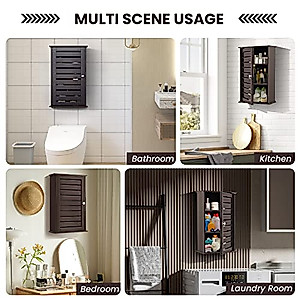 COSTWAY Wall Mounted Bathroom Cabinet, Wooden Storage Cabinet with 2 Adjustable Shelves and Reversible Door, Versatile Hanging Medicine Cabinet for Living Room, Kitchen, Entryway (Brown)