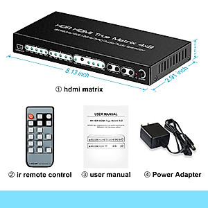 FERRISA 8K 4X2 HDMI Matrix 4 in 2 Out HDMI 2.1 Matrix HDMI Video Switcher Splitter +Optical & L/R Audio Output,Support 4K 120Hz,HDR10 HDCP2.3 Dol-by Vision Atmos SPDIF 5.1CH ARC CEC with IR Remote