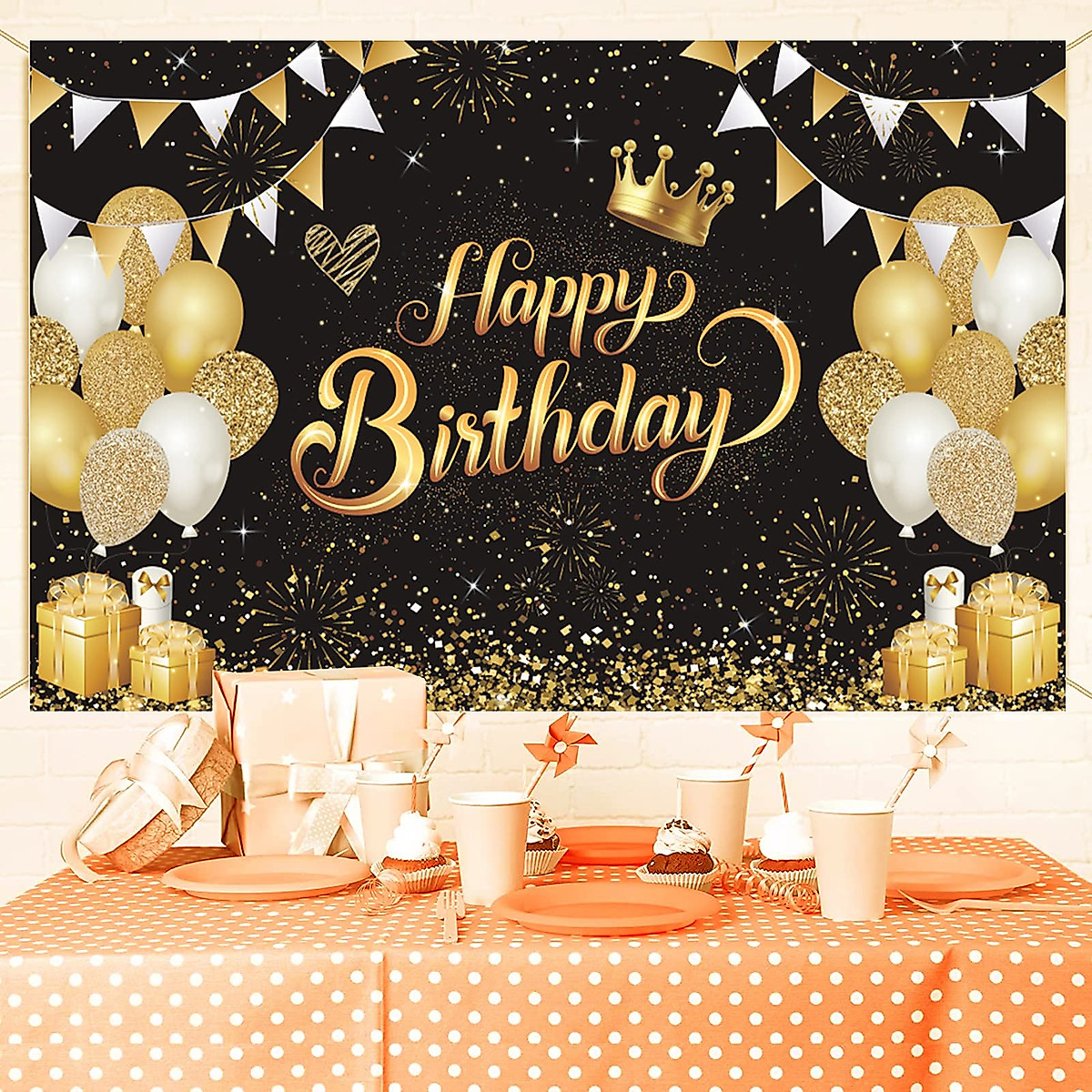 Black and Gold Birthday Backdrop for Men Women Happy Birthday Background Banner Black and Gold Party Decorations Cake Table Decor Banner Photo Booth Props 71×45inch（Black Gold）
