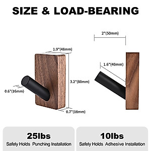 LECHYN 4 Pack Wooden Wall Hooks for Hanging, Adhesive Mounted & Wall Mount Boho Decorative Walnut Wood Coat Hooks for Towel Clothes Blanket Hat Backpack Robe Nursery Door Board Entryway Key Holder