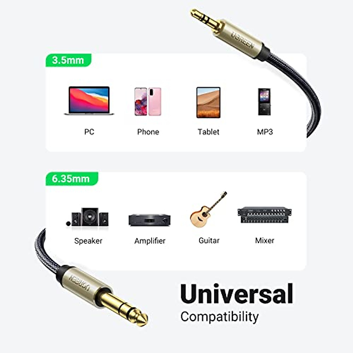 UGREEN 1/8 to 1/4 Stereo Cable 3.5mm TRS to 6.35mm Audio Cable Guitar to Aux Male Cord with Zinc Alloy Housing and Nylon Braid for Guitar, Laptop, Home Theater Devices, Speaker and Amplifiers 6FT