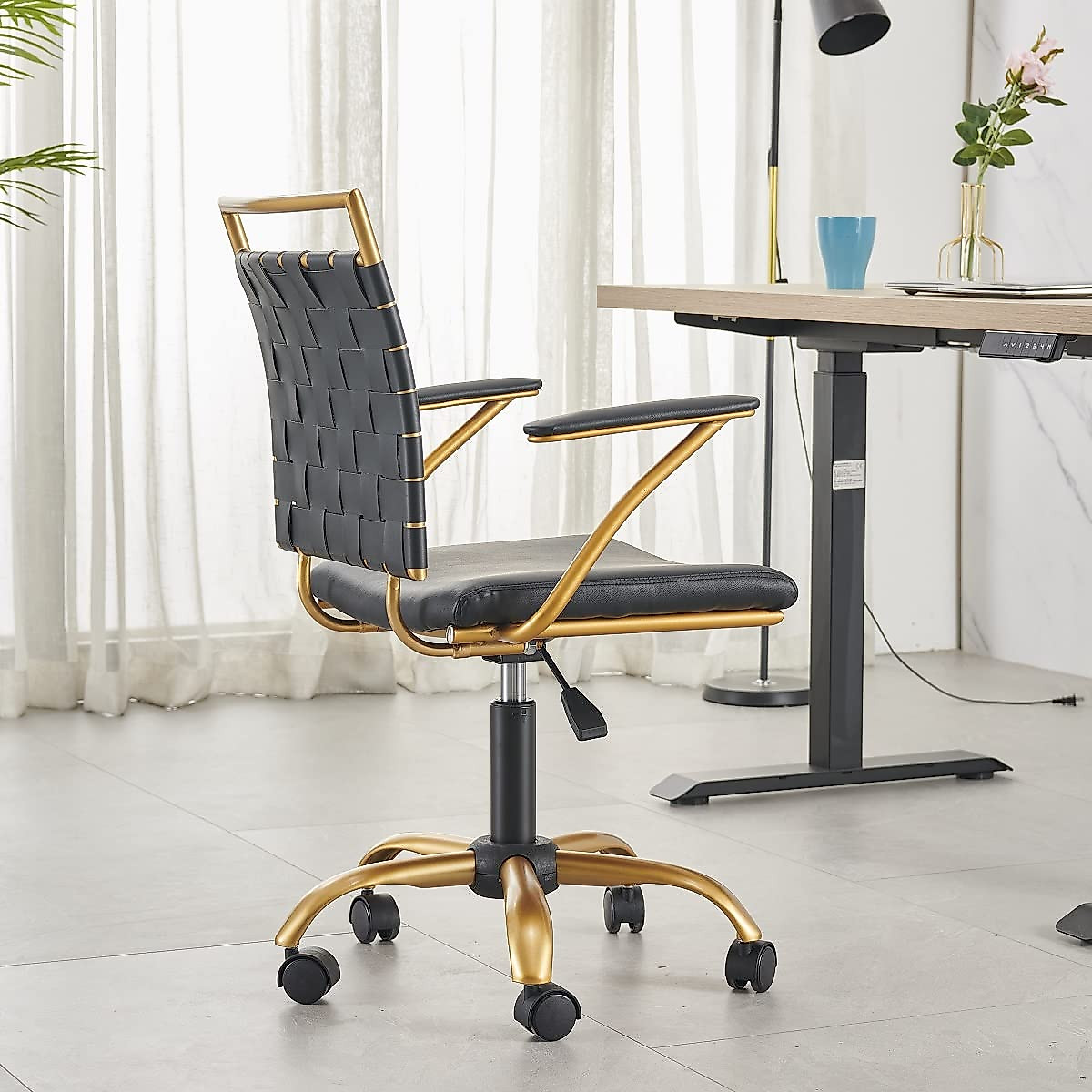 Hioryllks Modern Chair - Durable Black & Gold Leather Office Chair with Lumbar Support