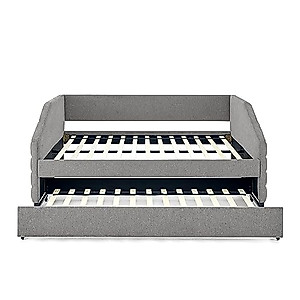 Eafurn Upholstered Daybed with Twin Size Trundle Bed and Wooden Slatted, Modern Linen Upholstered Full Size Day Bed Tufted SofaDaybed Frame and A Trundle, No Box Spring Needed, Furniture for Bedroom