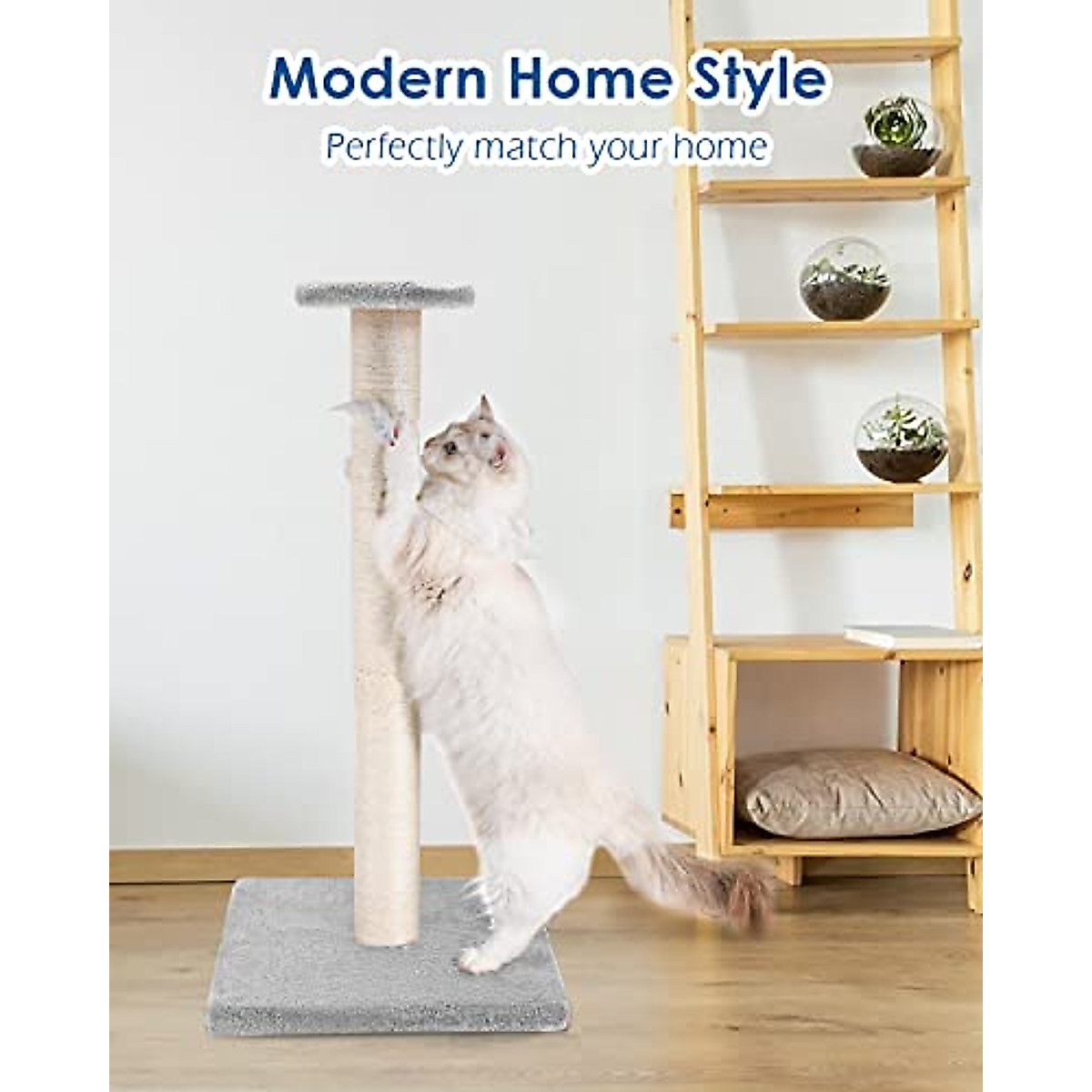 SEIOHW Cat Scratching Post, 32" Scratch Post with Sisal Rope, Tall Cat Scratcher with Bell Mouse Toy & Cat Head Perch, Scratching Post for Indoor Cats (Light Grey)