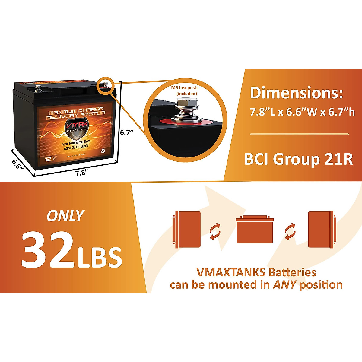 VMAX MR86-50 12V 50AH AGM Deep Cycle Battery (7.8"Lx6.6"Wx6.7"H) compatible with MotorGuide Bulldog 40 Freshwater TM Foot Control 12V, 40lb Trolling Motor