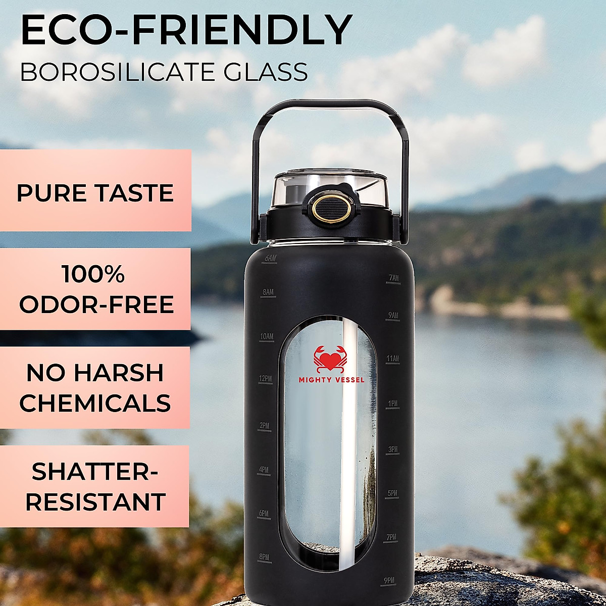 Leakproof 64 oz Glass Water Bottle - Borosilicate Large Glass Water Bottle with Straw, Silicone Sleeve and Time Markers, Half Gallon Jug, Suitable for Travel, Sports, Gym, and Daily Intake