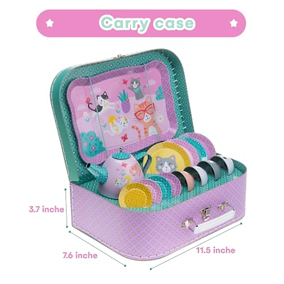 Jewelkeeper Toddler Toys - Tea Party Set for Little Girls - 15 Piece Toddler Tea Set Includes Teapot, Cups, Saucers, Plates, and Serving Tray, Cat Design with Carry Case for Easy Storage