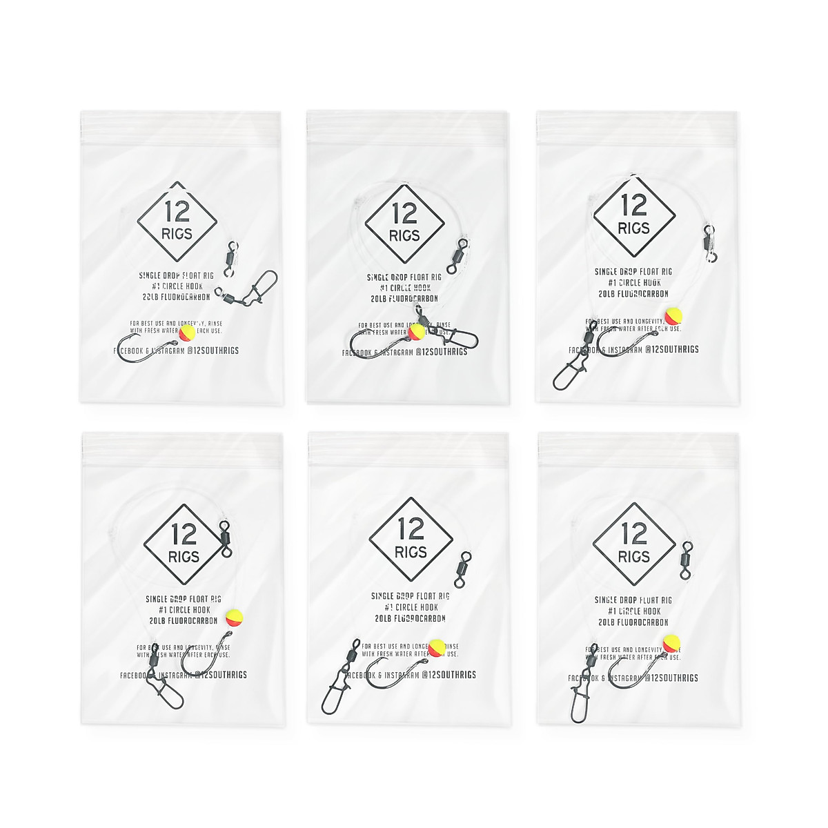 6 Pack Fluorocarbon Single Drop Surf Fishing Rigs Pompano Whiting Hand-Tied (20LB Fluorocarbon)