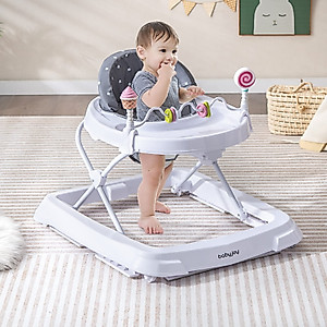 BABY JOY Baby Walker, Foldable Activity Walker Helper with Adjustable Height, Baby Activity Walker with High Back Padded Seat & Bear Toys (Gray, Star Pattern)
