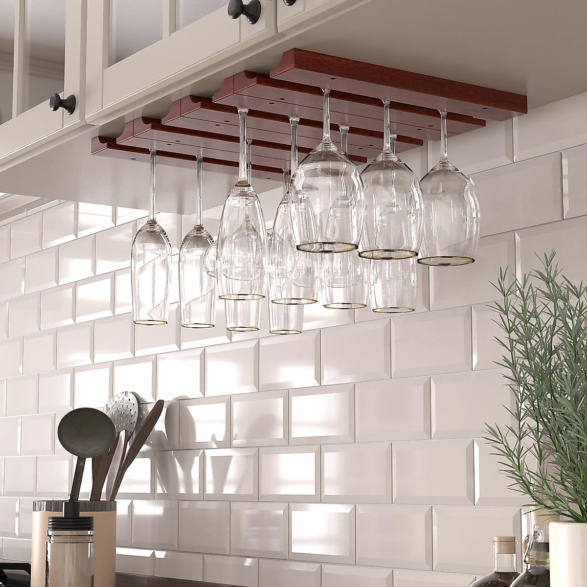 Rustic State 4 Sectional Adjustable Wood Under Cabinet Wine Glass Holder Wine Glass Rack Hanging Shelf Stemware Glassware Bar Organizer - 12 Wine Glass Storage - 11 Inch Deep - Mahogany