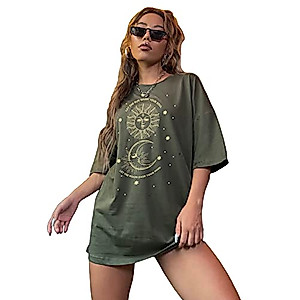 Cozyease Women's Graphic Print Round Neck Half Sleeve Oversized T Shirt Drop Shoulder Tees Top Army Green L