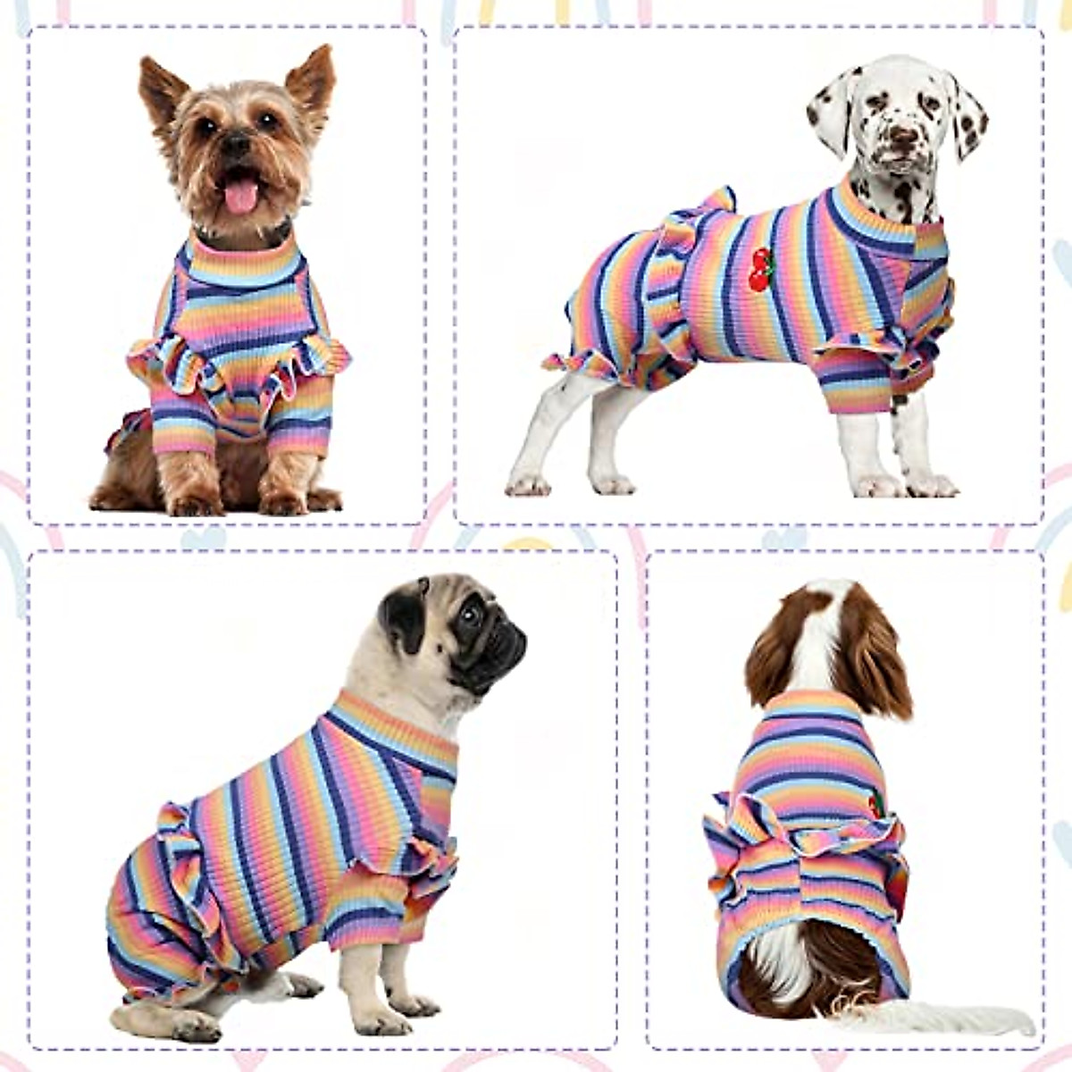 Dog Pajamas Striped Onesie, Cute Soft Pet Jumpsuit, Breathable Dog Bodysuit with Skirt, Puppy Pullover Shirt for Indoor Outdoor Use, Stretchable Outfit Sleeping Clothes for Dog Hair Shedding Cover