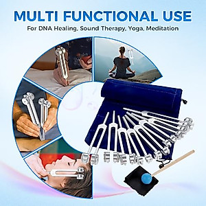 Chakra Tuning Fork Set for Healing, 7 Chakra and 1 Soul Purpose Weighted Tuning Forks for DNA Healing, Sound Therapy, Yoga, Meditation (126.22 Hz, 136.1 Hz, 141.27 Hz, 172.06 Hz etc)