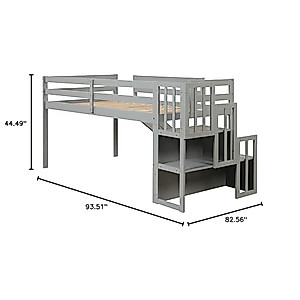 BOVZA Twin Size Low Loft Bed with Stairs and Slide, Wood Bedframe with Safety Guardrails for Kids Boys Girls, Gray