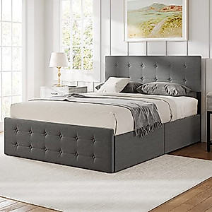 GAOMON Queen Bed Frame with Storage, Grey Bed Frame Queen Size with 4 Drawers and Headboard, Platform Bed Frame with Large Storage, No Box Spring Needed, Noise-Free, Easy Assembly