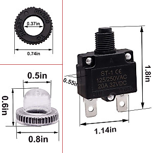 smseace 2PCS 20Amp Electric Button Breaker 125/250VAC, Overload Protector with Manual Reset, Waterproof Button Cap ST-1-20A
