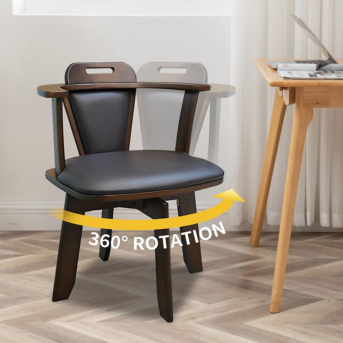 ZMYCZ Swivel Dining Chairs, Desk Chair, Mid Century Modern Swivel Accent Chair with Arms, Faux Leather Solid Rubber Wood 360° Swivel Home Desk Chair for Living Room Bedroom, 29" H (Brown)