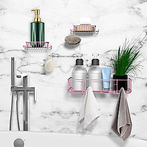 TONLEA Shower Caddy, Shower Organizer for Bathroom, 3-Pack Rustproof Stainless Steel Shower Shelves with Soap Dish and Hooks for Bathroom Storage, Adhesive or Drilling Kitchen Organization, Pink