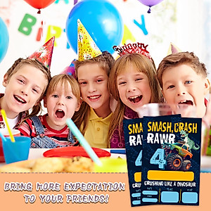 YQV Dinosaur Truck 4th Birthday Party Invitations, 20-Count Dinosaur Birthday Party Invites With Envelopes-HBYQK-B29