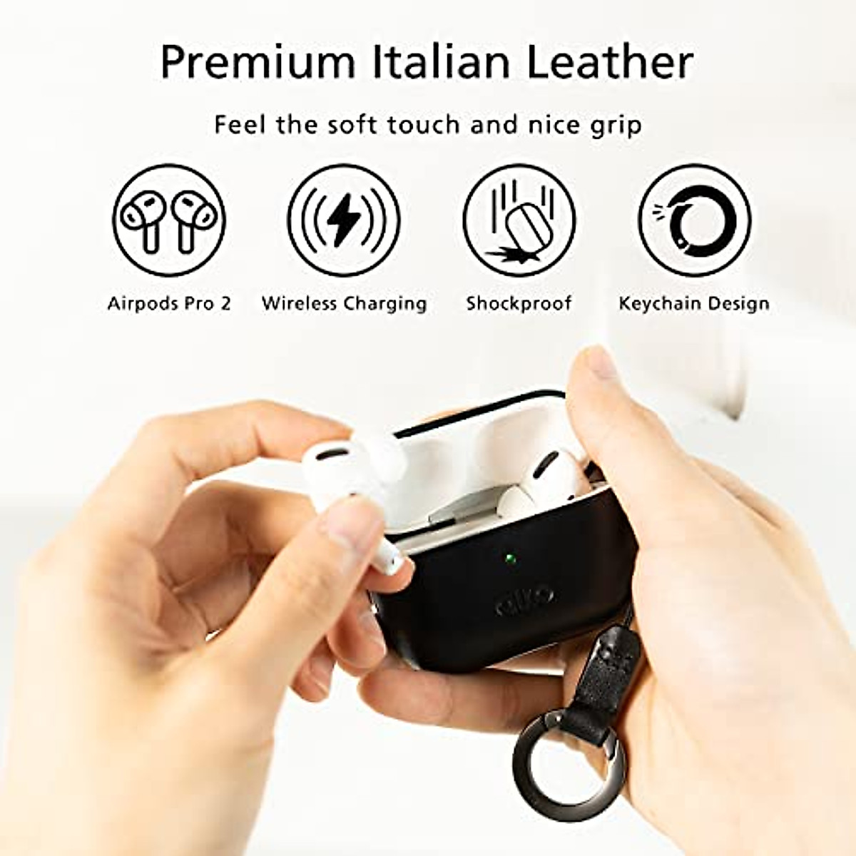 Alto Case for AirPods Pro 2 with Keychain, Italian Leather Case Cover Compatible AirPods Pro 2nd Generation 2022 Women Men Protective Hard Shell Supports Wireless Charging Front LED Visible (Black)