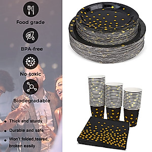 Black and Gold Party Supplies - 200PCS Disposable Black Paper Plates Dinnerware Set Gold Dots 50 Dinner Plates 50 Dessert Plates 50 Cups 50 Napkins Wedding Birthday Party Baby Shower Christmas