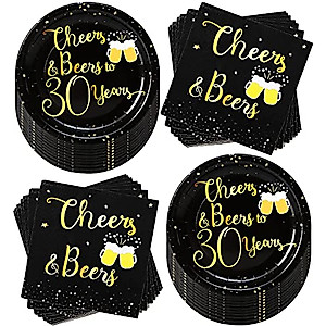 30th Birthday Party Supplies Cheers & Beers Tableware Set Cheers to 30 Years Plates 7"and Napkins for Black and Gold Birthday Supplies 30th Birthday Anniversary Whiskey Party Decorations (Serves 20)