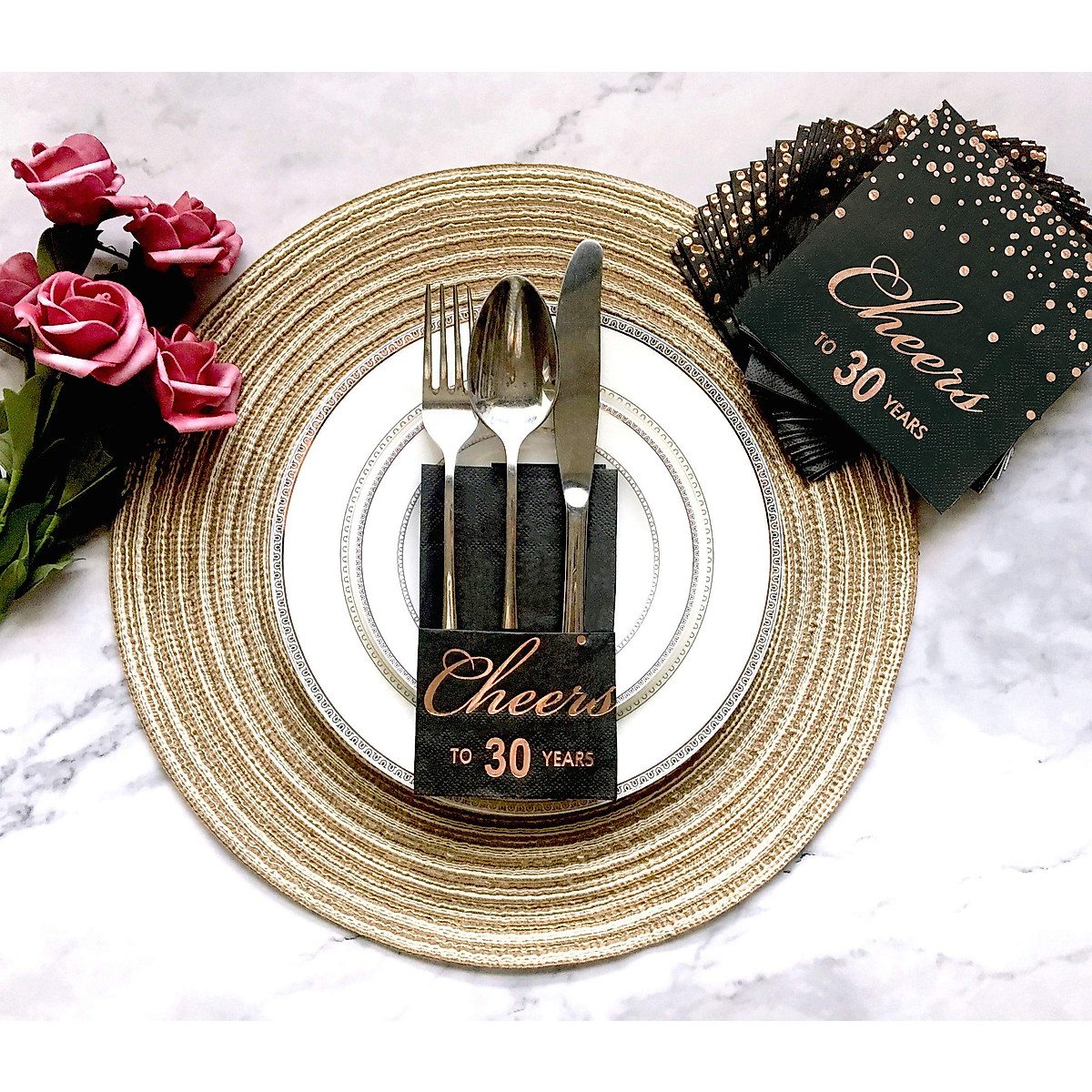 Rose Gold Foil Cocktail Napkins with Cheer 30 Years | Folded 5 x 5 Inches Disposable Party Napkins | 3-Ply Paper Beverage Napkins for 30th Birthday Decorations, Wedding Anniversary, Retirement, Black
