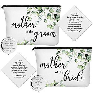 Coume 6 Pack Mother of the Groom Mother of the Bride Cosmetic Bag Wedding Gifts Mother of Bride and Groom Makeup Mirror Mom Handkerchief for Mother and Mom in Law for Engagement Favor (Leaves)