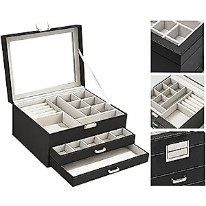 MTGOCHA Jewelry Box for Men Women, 3 Layers Glass Lid Jewelry Organizer with 2 Drawers Large Jewelry Storage Box for Rings Earrings Necklace Bracelets Jewelry Display Case for Women Mens,Black
