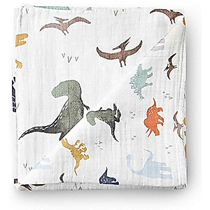 Aenne Baby Muslin Baby Swaddle Blanket Dinosaur Dino Print, Luxurious, Soft and Silky, 70% Bamboo 30% Cotton 47x47inch (1pack), Baby boy Nursing Cover, wrap, Burp Cloth