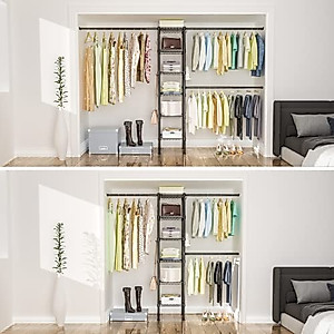 Ulif M1 Closet Storage Organizer System, 6 Tiers Heavy Duty Metal Clothing Garment Rack with 3 Expandable Hanger Rods, Wall Mounted Space Saver Suits from 3.3-8.7 ft. Width, 71.2”H x 14”D, Black