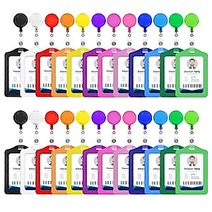 HIMOMO 24 Sets Card Badge Holder Retractable ID Holder Badge with Lanyards Multi-Color Name Badge Holder PU Leather Business ID Card Holder with Clip for Students Teachers Nurses Doctors (Vertical)