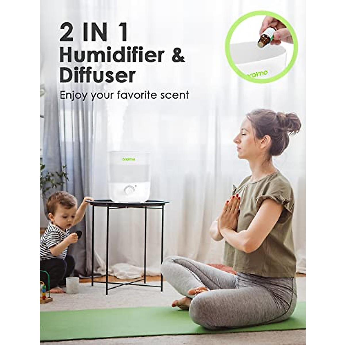 Oraimo Humidifiers for Bedroom, Top Fill Cool Mist Humidifier, 26dB Quiet, Easy to Clean, 2.5L Ultrasonic Humidifier & Essential Oil Diffuser with Night Light, BPA-Free, Humidifier for Baby White