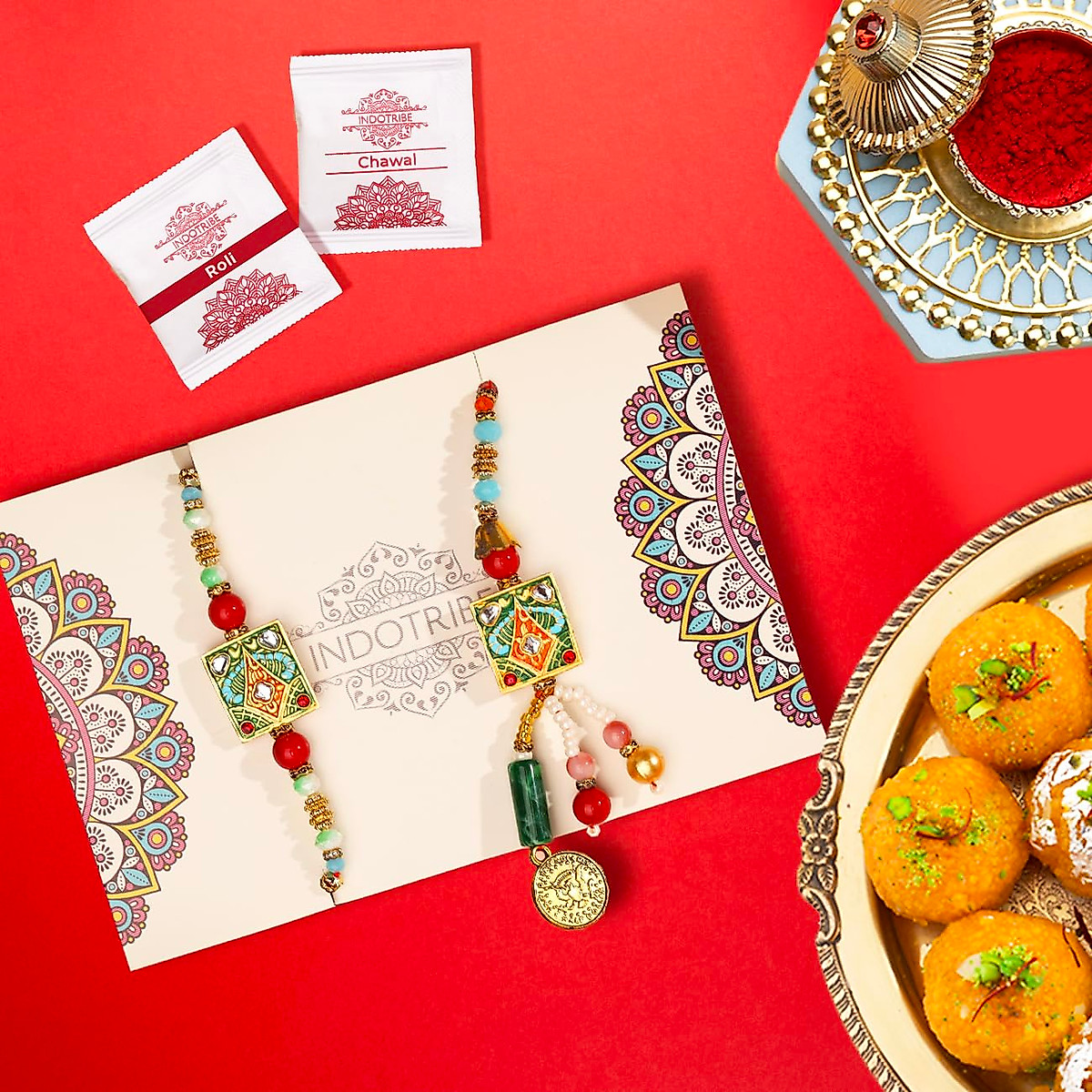 IndoTribe, Rakhi For Brother with Gift Set - Set of 2, Rakhi For Brother with Card, Roli Chawal | Rakhi for Brother and Bhabhi | Lumba Rakhi For Brother | Bhaiya Bhabhi Rakhi | Raksha Bandhan Rakhi