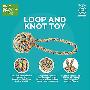 Only Natural Pet Hemp and Recycled Cotton Tug & Fetch Dog Toys - Interactive Tug & Chew Dog Rope Toy with Loop Handle and Knot - Eco-Friendly, Engaging & Durable Hemp Braid | Loop & Knot Toy, 3" x 9"