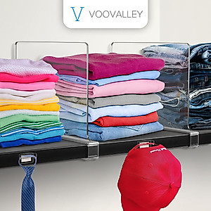 VooValley 4Pcs Clear Acrylic Shelf Dividers for Closets, Vertical Shelves - Sturdy Closet Shelf Organizer with 4 Hooks and Tape - Easy to Install Tall Shelf Separators for Bathroom, Pantry, and More